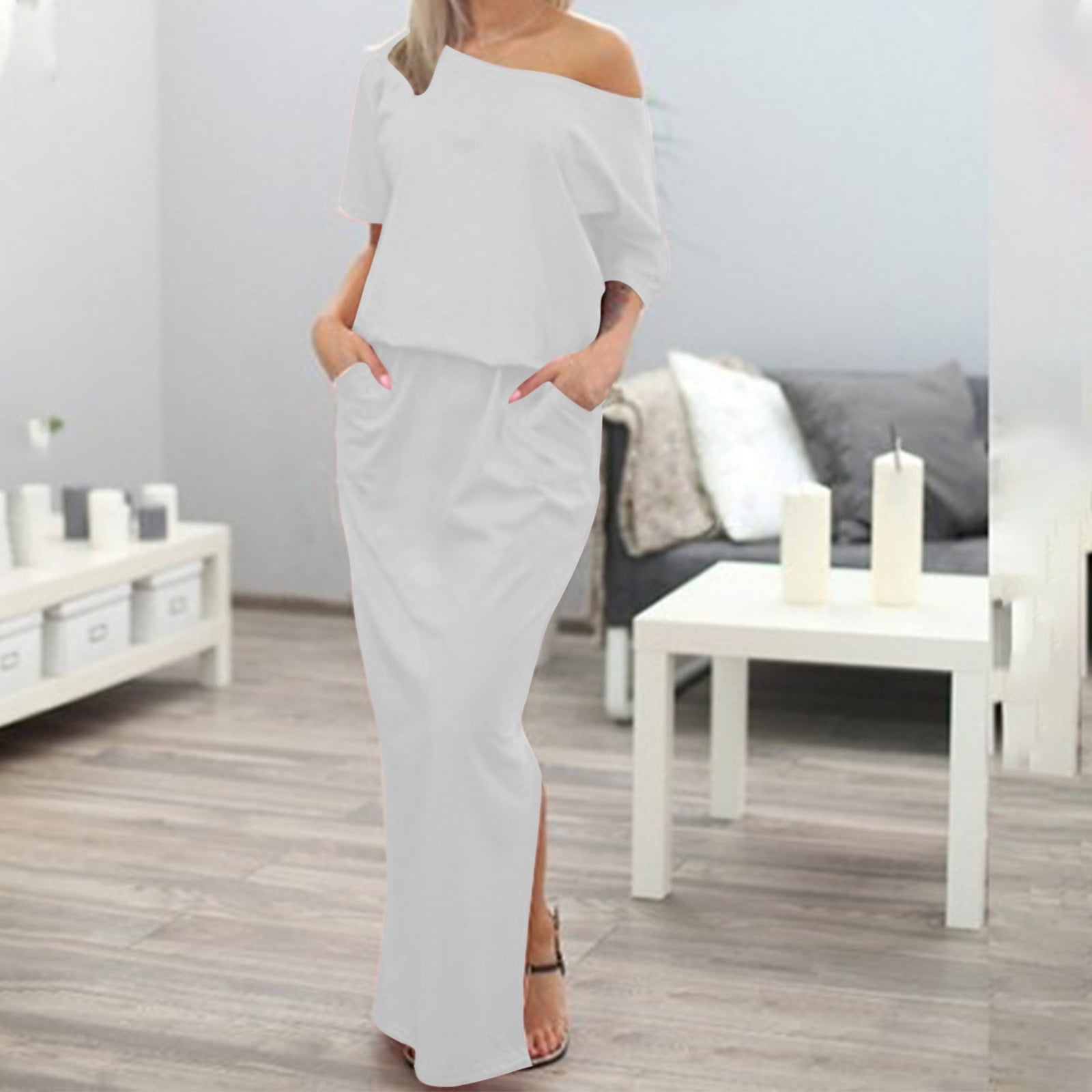 Womens Dress Women's Solid Color Short Sleeved One Line Collar And ...