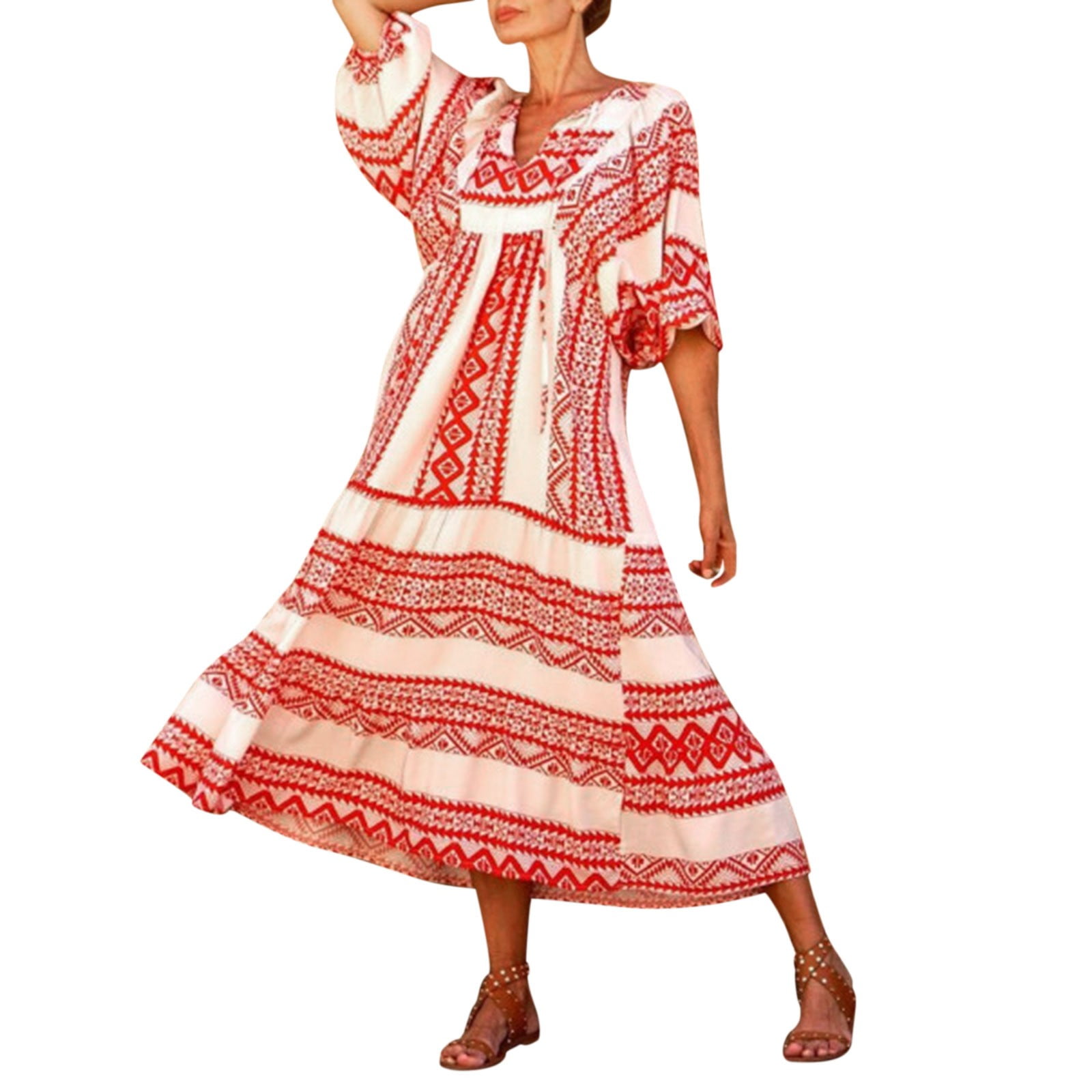 Womens Dresses Casual Boho Print Half Sleeve V Neck Strap Loose Splice