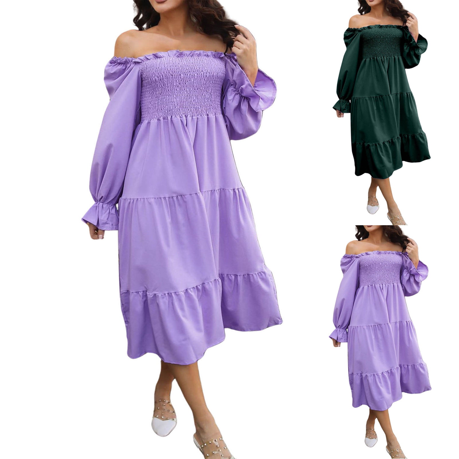 Womens Dresses Knit Ruffle Trim Square Collar Long Sleeve Layered ...