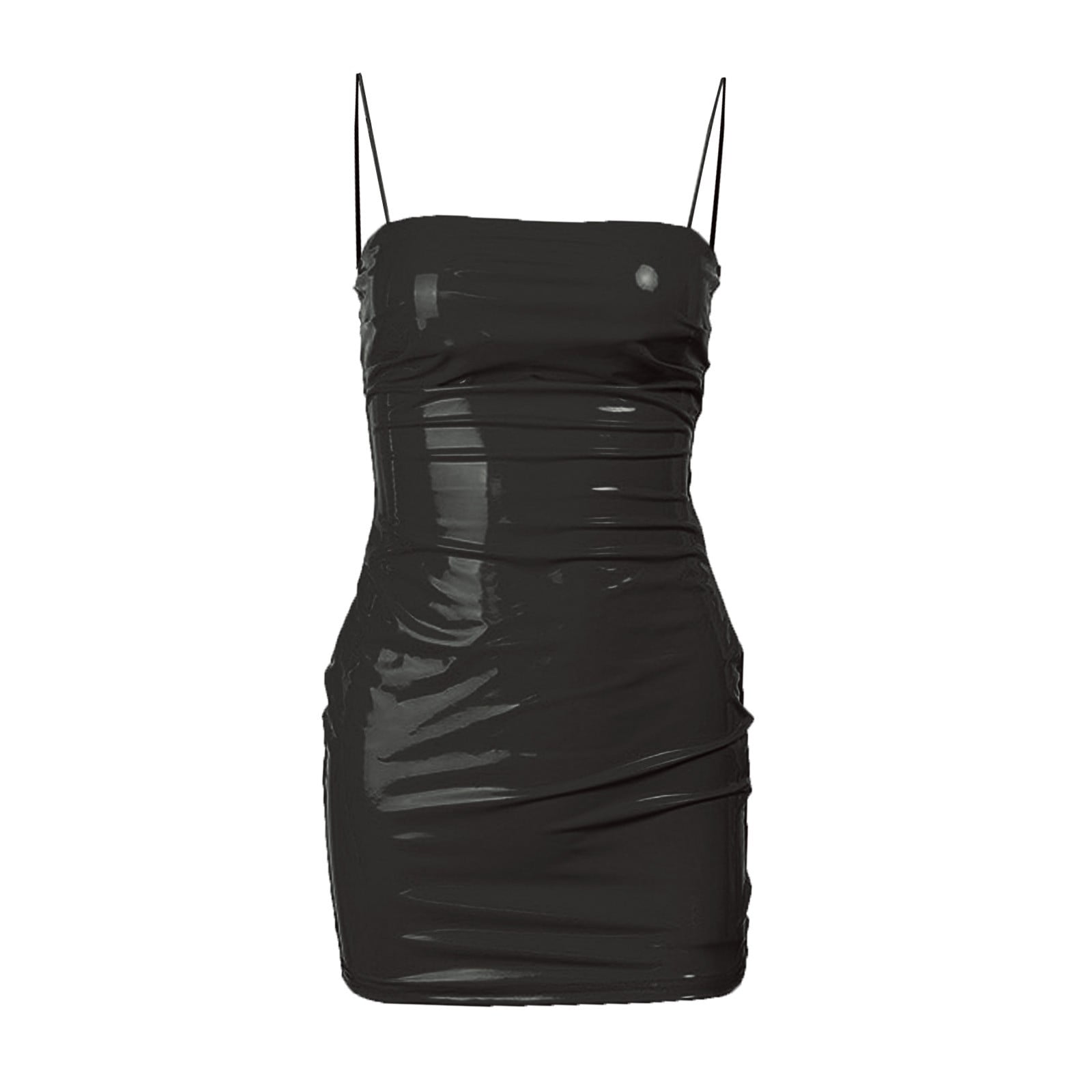 Womens Dresses Latex Leather Spaghetti Strap Bodycon Tight Ruched Low ...