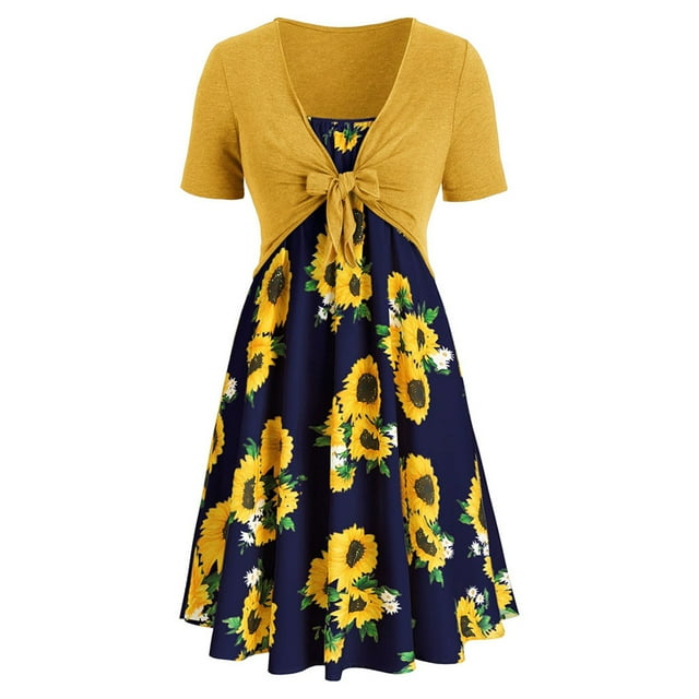 Womens Dresses Short Sleeve Summer Bow Knot Bandage Top Sunflower Print ...