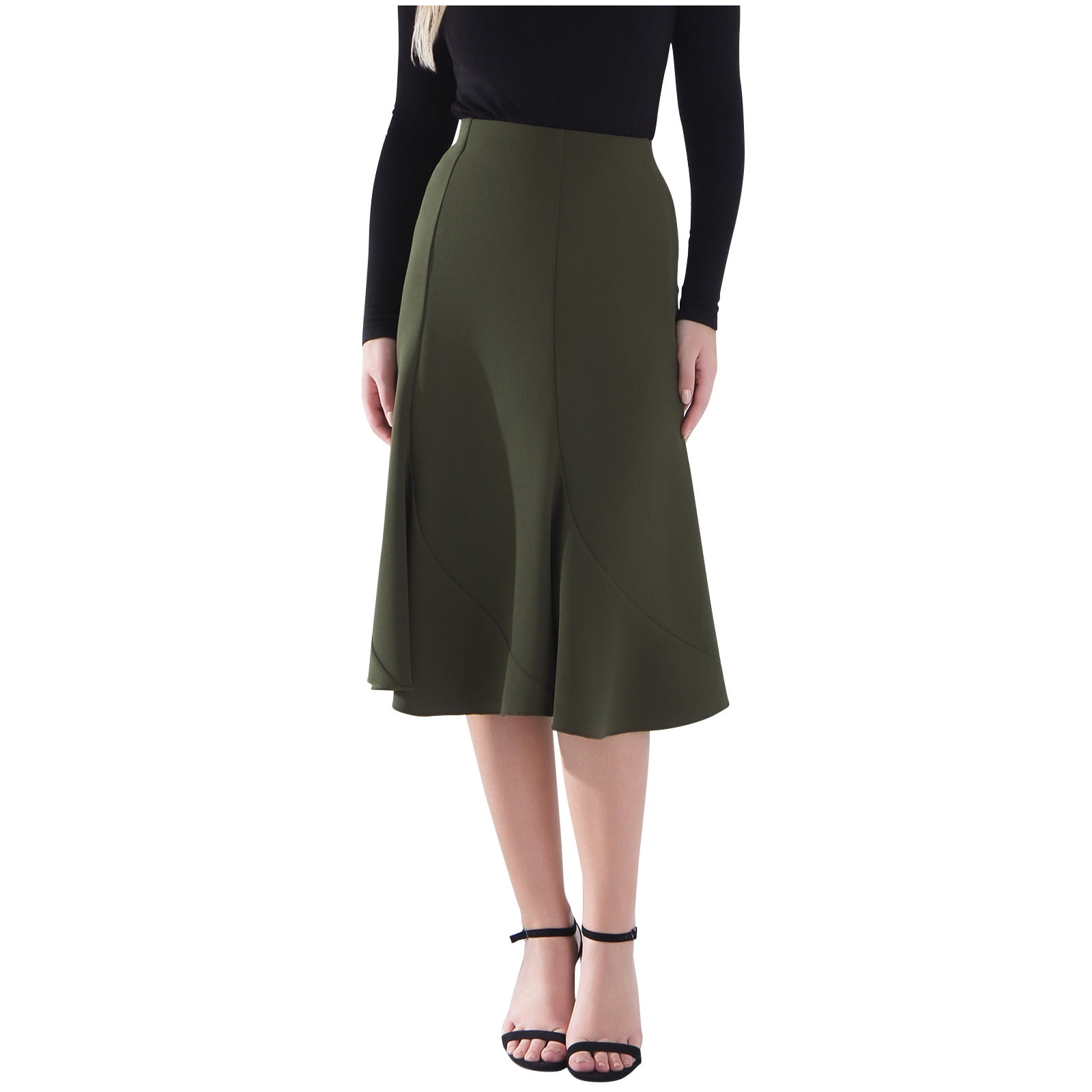 Womens Dressy Casual Skirts Office Work Wear Flare Ruffle Fishtail Midi ...