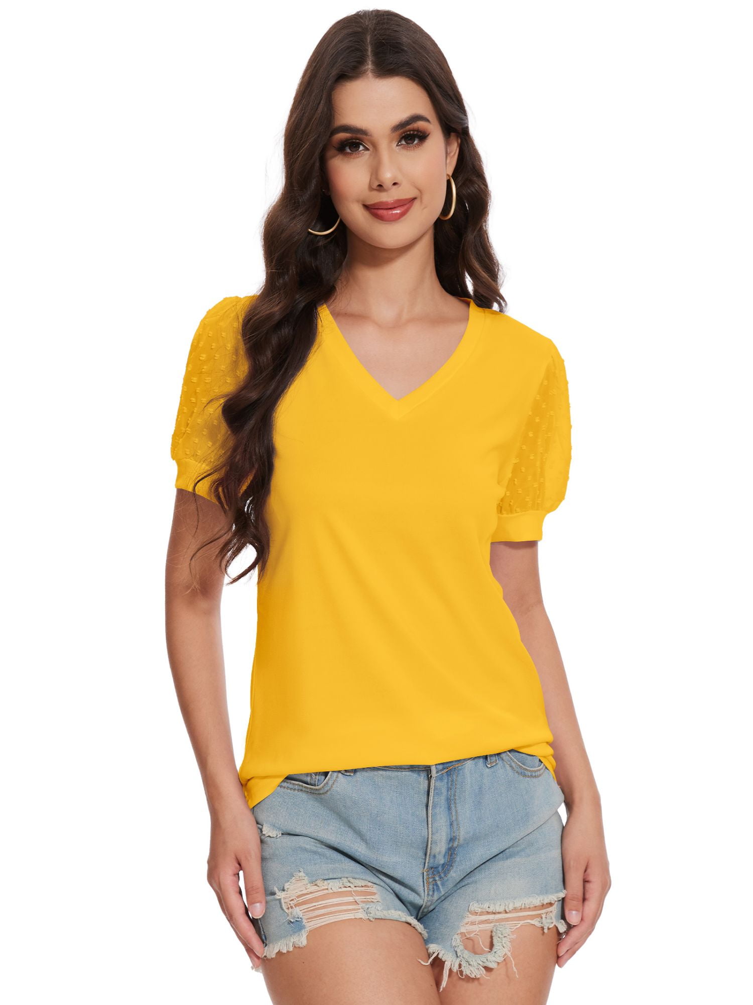 Womens Dressy Casual Tops Swiss Dot Sheer Puff Short Lace Sleeve V Neck Shirts Blouse - Walmart.com