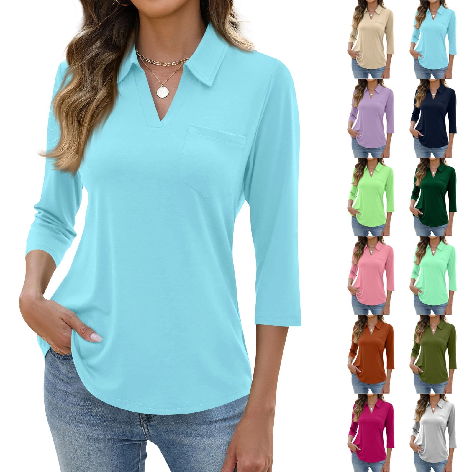 Womens Dressy Tops 3/4 Length Sleeve V Neck Collared Polo Shirts Front ...