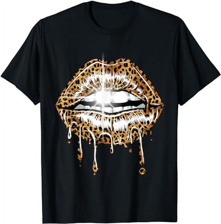 Womens Dripping Lips Leopard Cheetah Animal Print On Lip T-Shirt ...