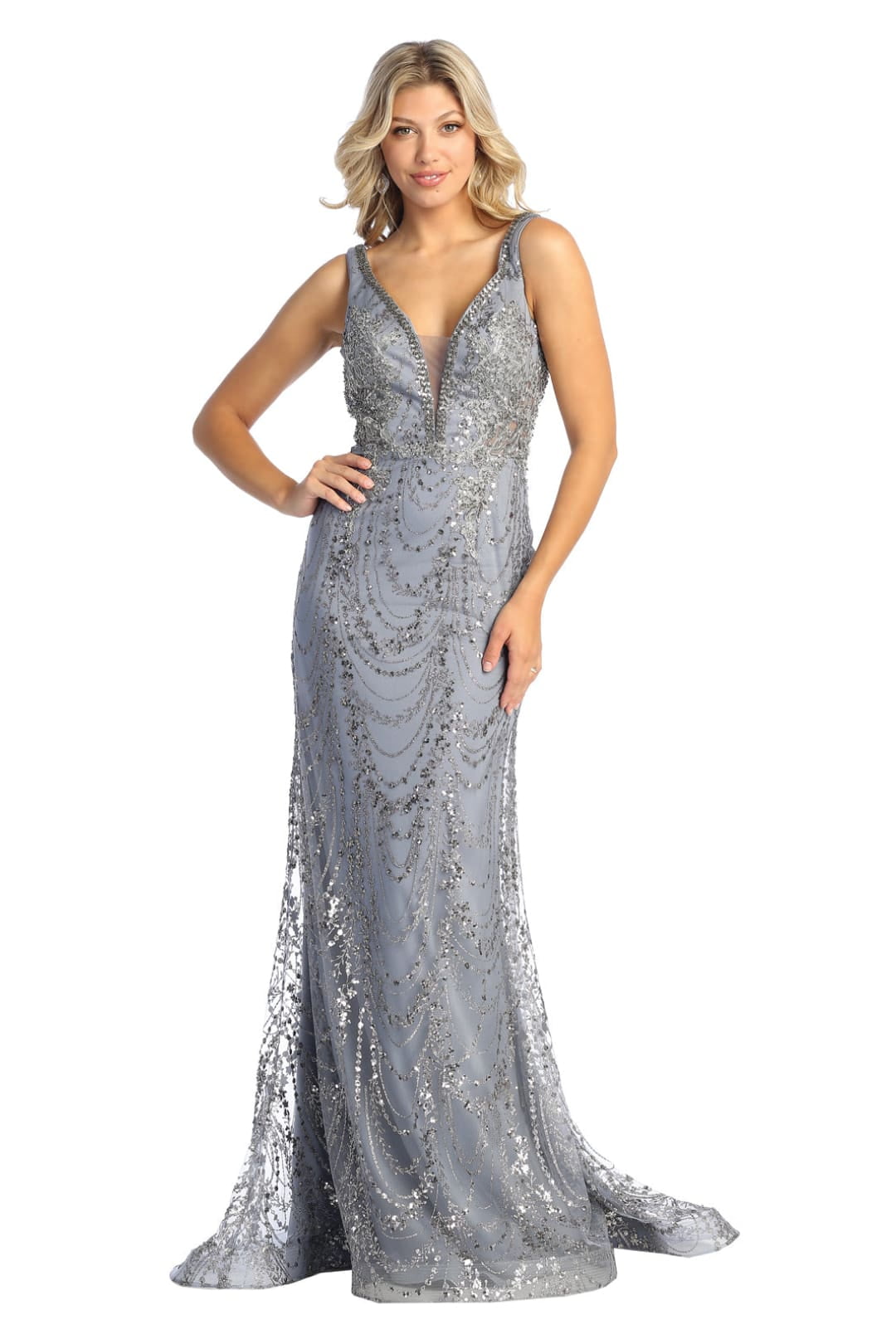 Womens Dusty Blue Prom Evening Red Carpet Long V-Neck Sleeveless ...