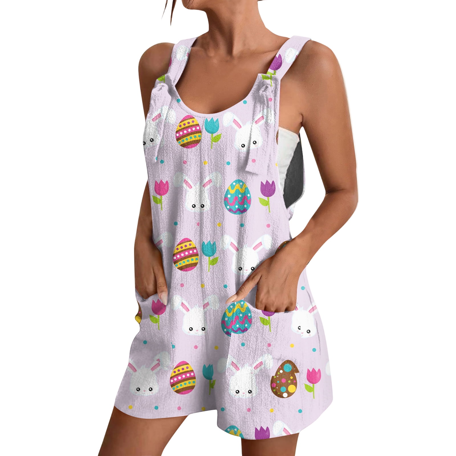 Womens Easter Overalls Casual Cute Bunny Pattern Wide Leg Short ...