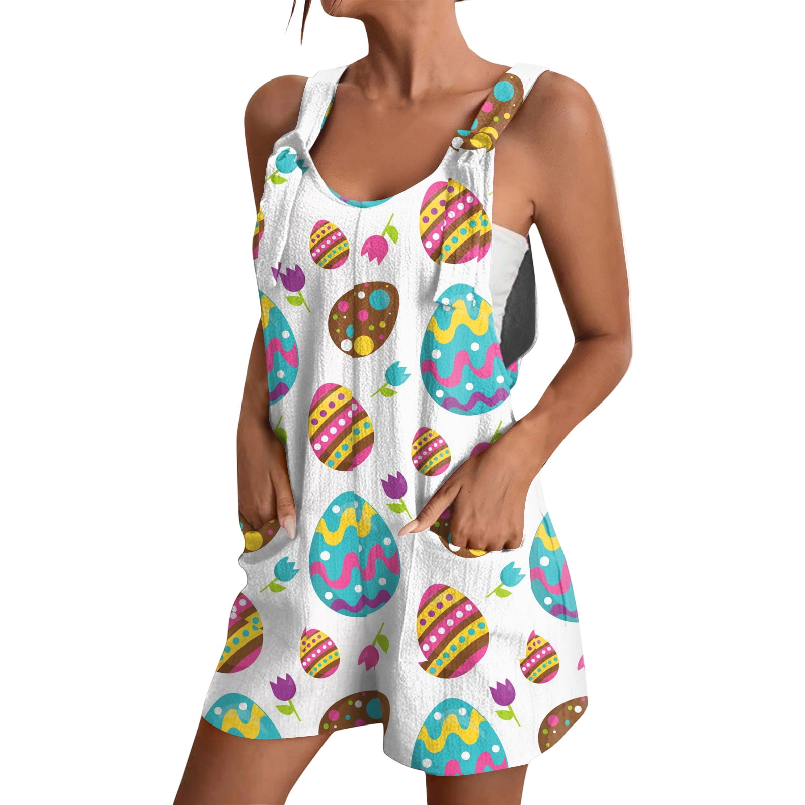 Womens Easter Overalls Casual Cute Bunny Pattern Wide Leg Short ...