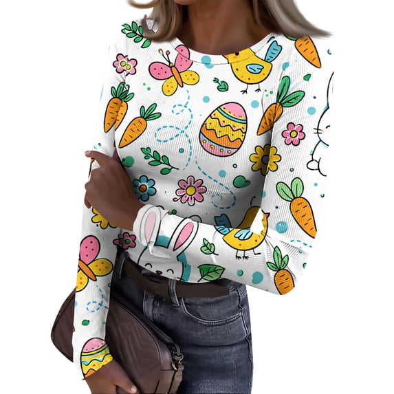 Womens Easter Ribbed Knit Tops Graphic Easter Eggs Bunny Print Stretch ...