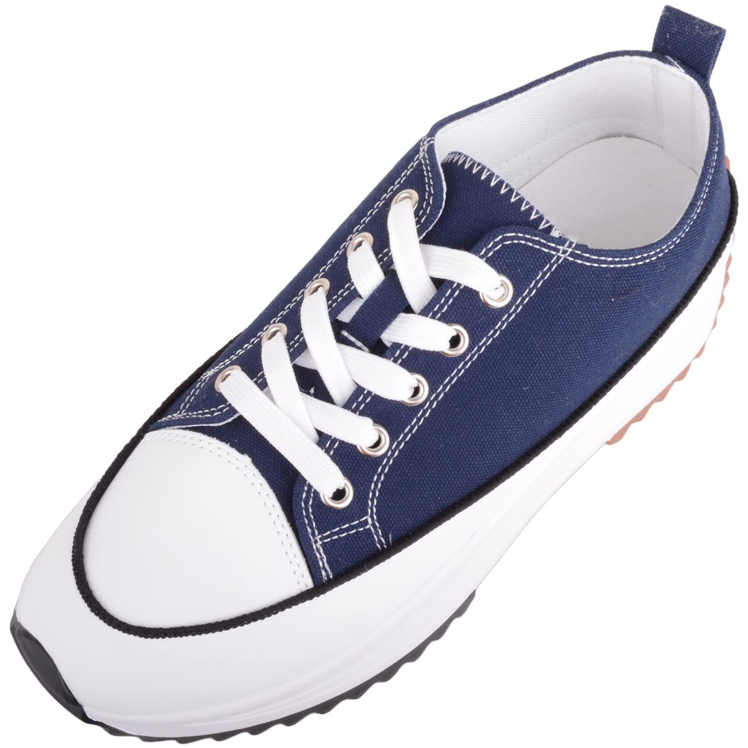 Womens Easy Lace Up Low Top Canvas Chunky Sole Trainers Sneakers - Navy ...