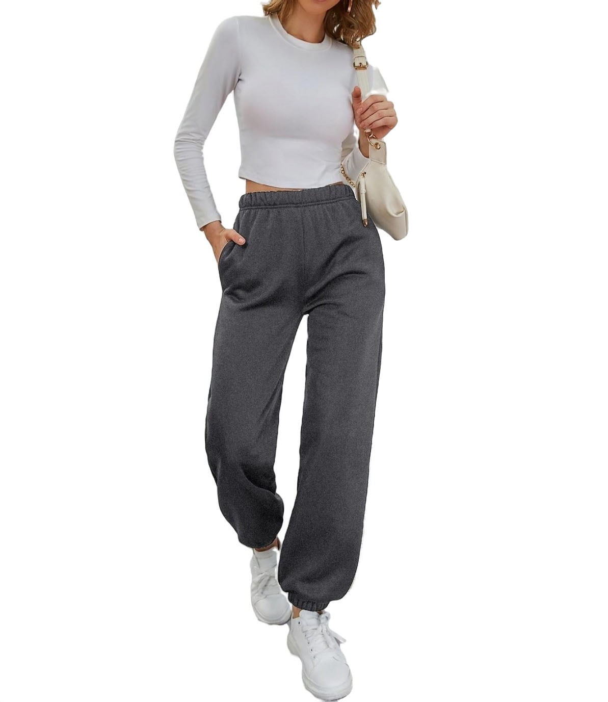 Women Elastic Waist Sweatpants, Dark Grey, Plain, Regular Fit, Long ...