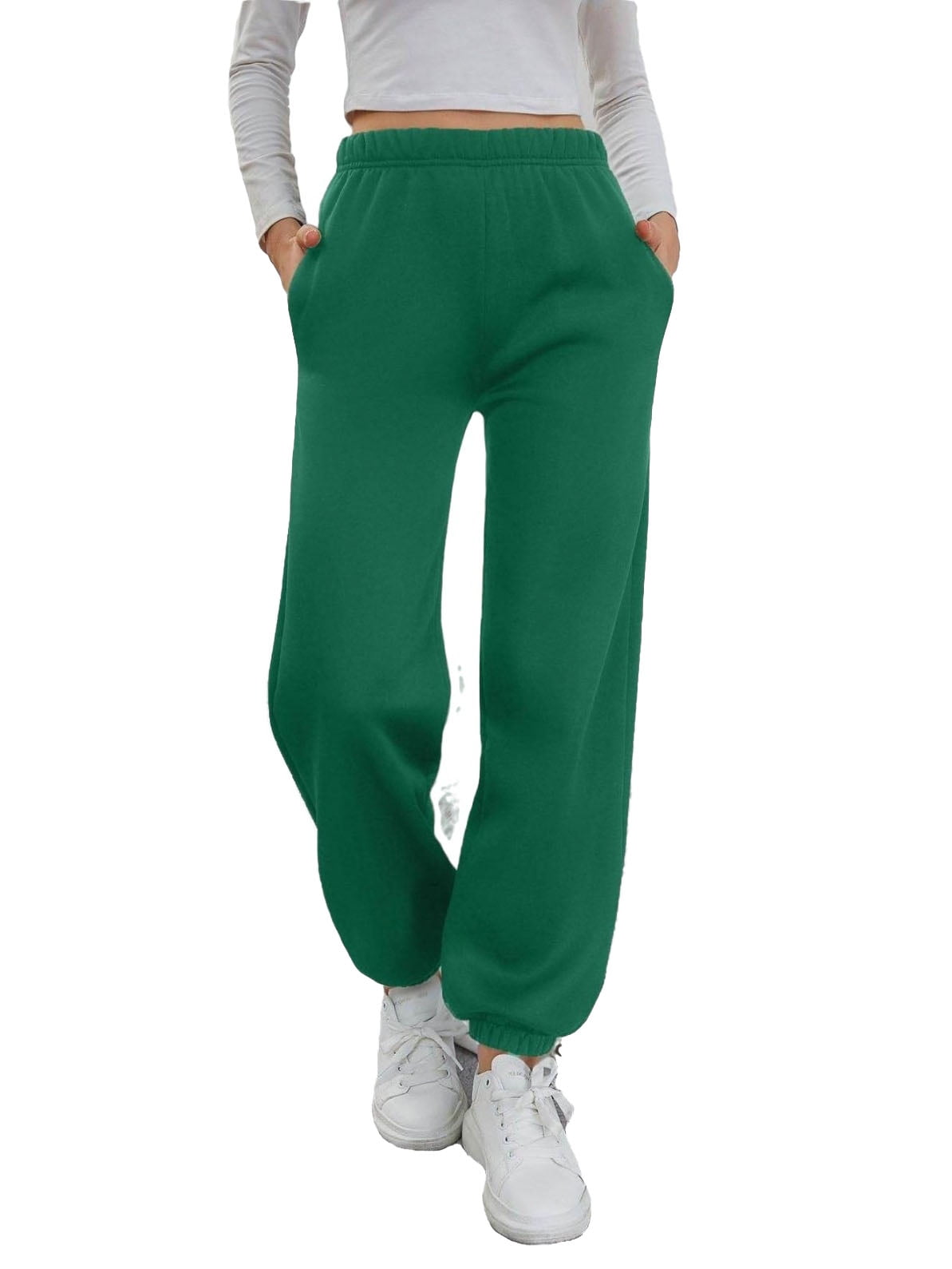 Womens Elastic Waist Sweatpants Plain Long Regular Fit Green M ...
