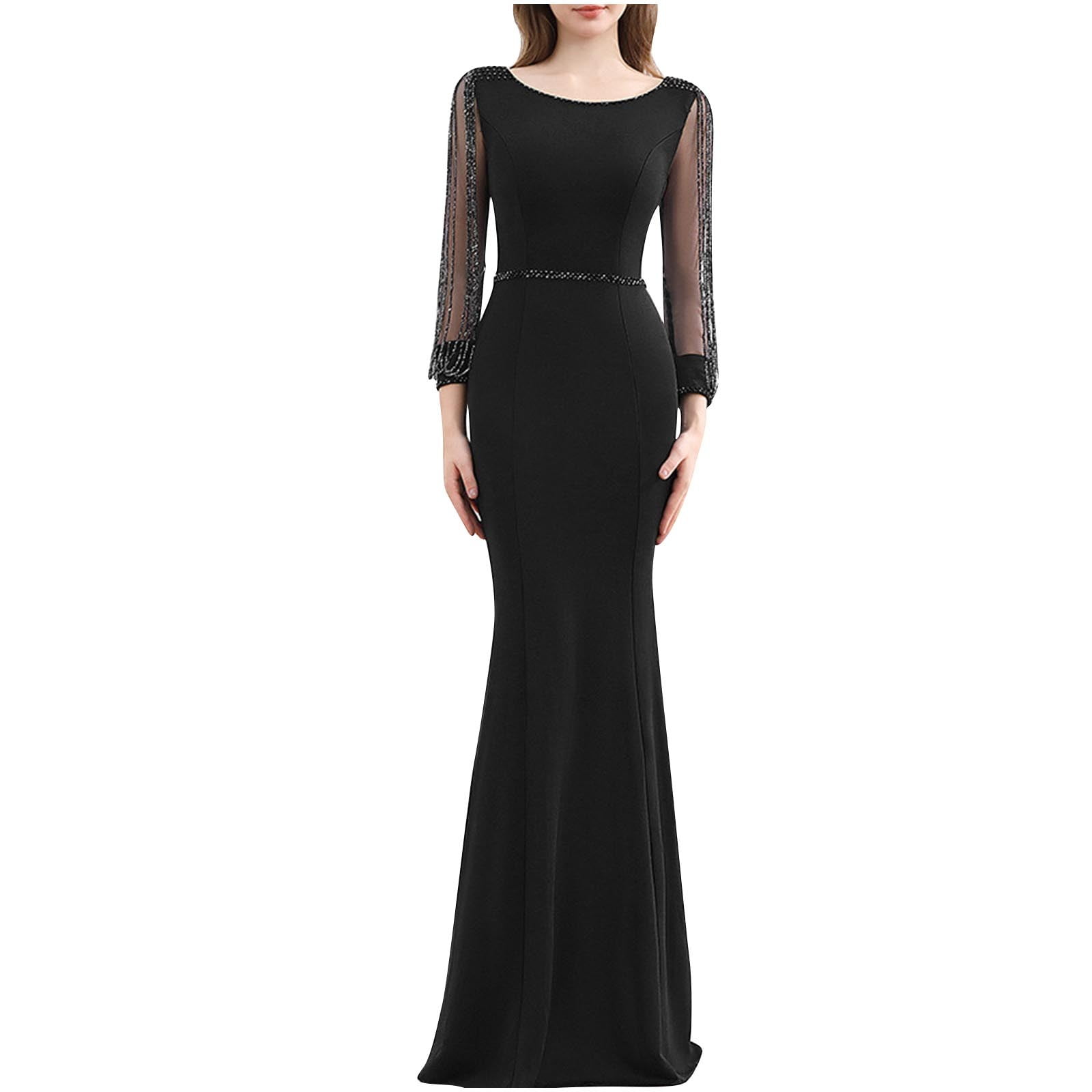 Womens Elegant Lace Long Sleeve Evening Dress Floor Lenght Formal Prom ...