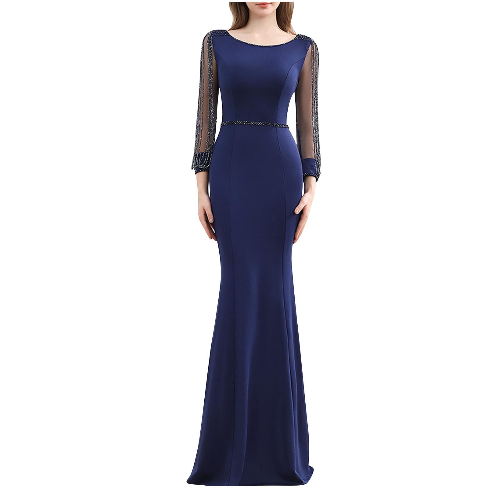 Womens Elegant Lace Long Sleeve Evening Dress Floor Lenght Formal Prom ...