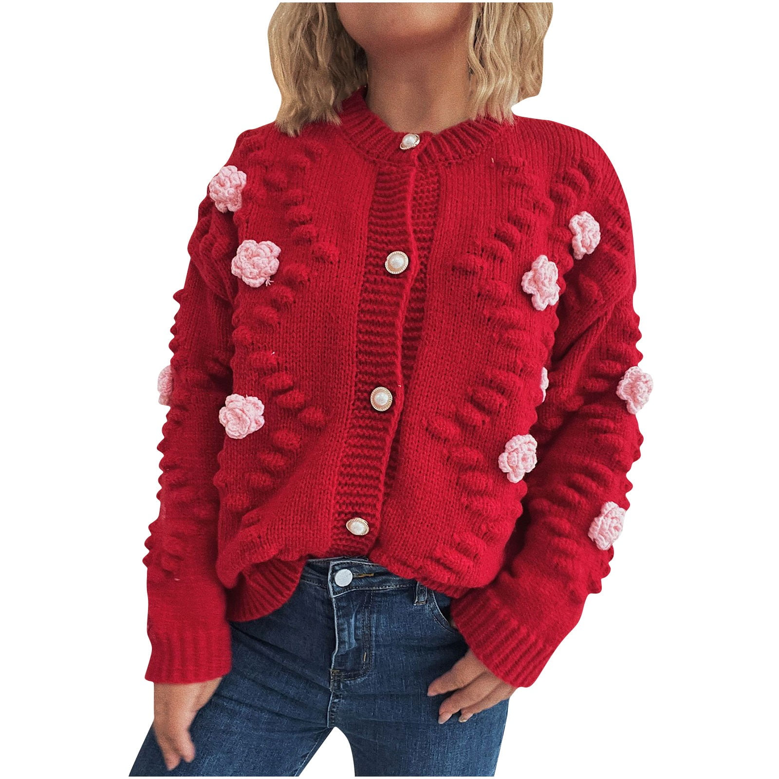 Womens Embroidery Sweaters Coat Fall Oversized Chunky Knit 3D Flower ...