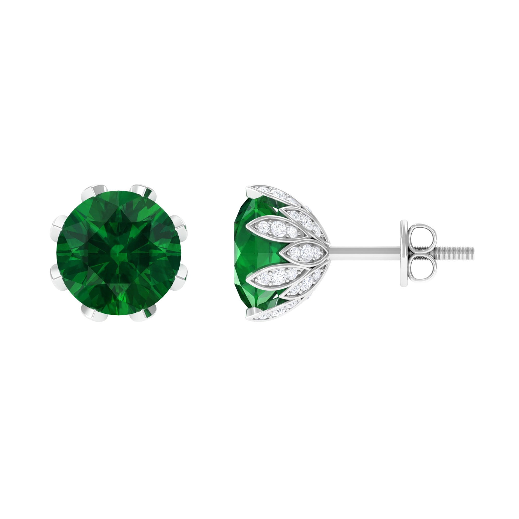 Womens Emerald Solitaire Stud Earrings with Moissanite - 8 mm Lab Created Emerald, 14K White ...