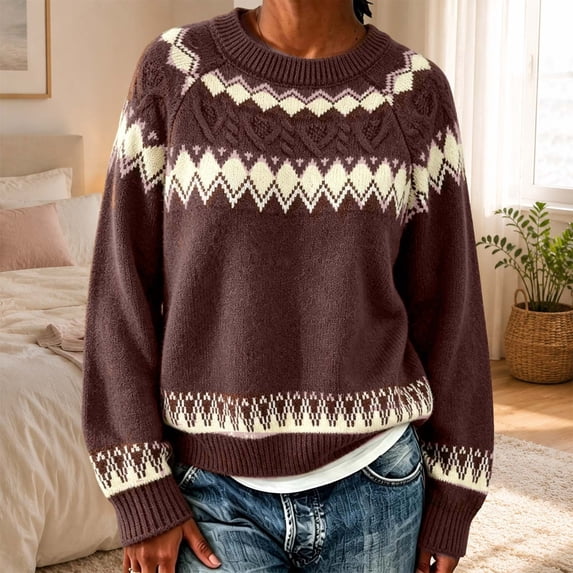 Womens Fair Isle Sweater Long Sleeve Pullover Vintage Knit Fall Winter ...