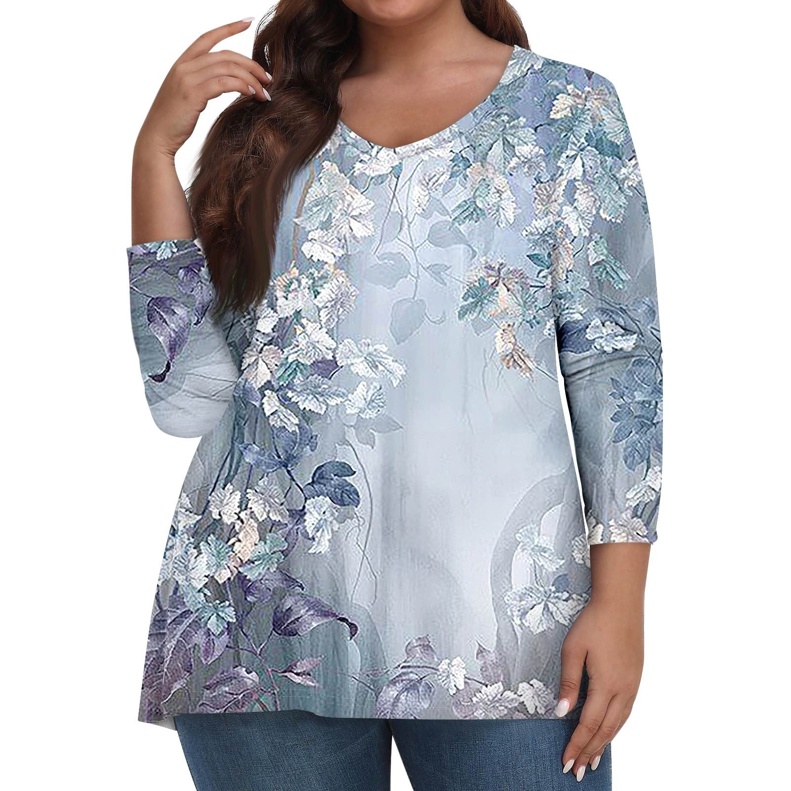 Womens Fall 3/4 Length Sleeve Tops 2024 Fashion Plus Size Shirts 3/4 Sleeve V Neck Floral Print ...