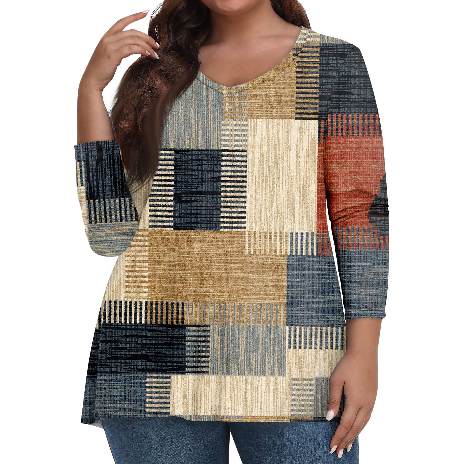 Womens Fall 3/4 Length Sleeve Tops Plus Size Tunics 3/4 Sleeve V Neck ...