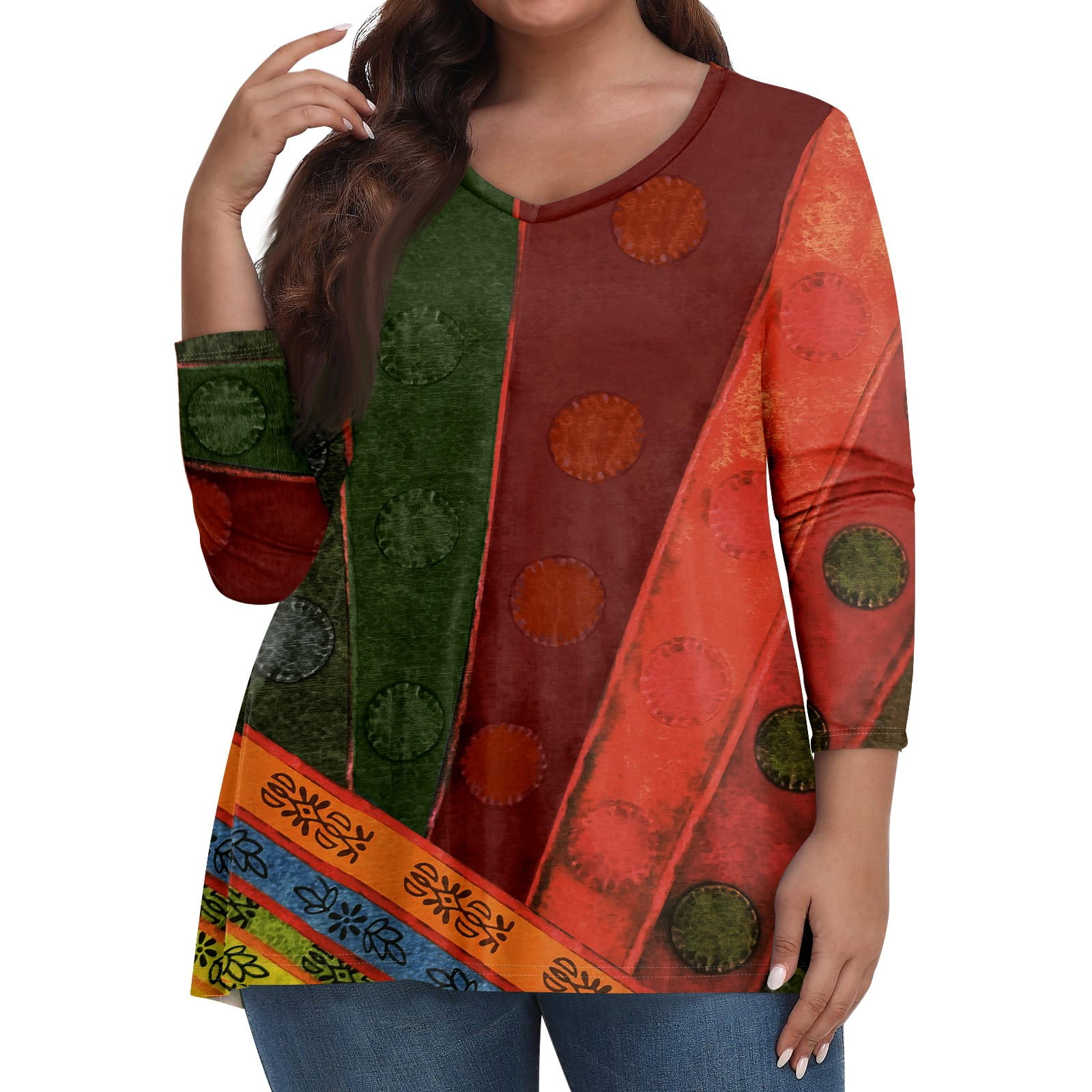 Womens Fall 3/4 Sleeve Tops Plus Size Shirts 3/4 Length Sleeve V-Neck ...