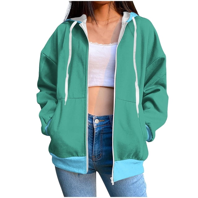 Womens Fall Jackets Zip Up Hoodie Outerwear Colorblock Drawstring ...
