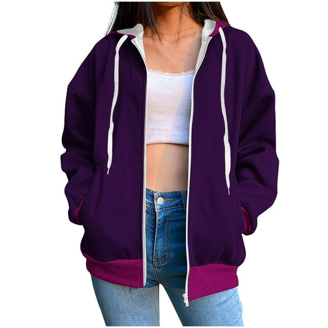 Womens Fall Jackets Zip Up Hoodie Outerwear Colorblock Drawstring ...