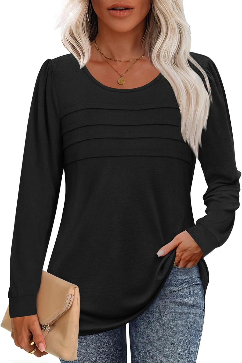 Womens Fall Long Sleeve Tunic Tops Basic Pullover Dressy Casual Shirts Fashion Pleated Business ...