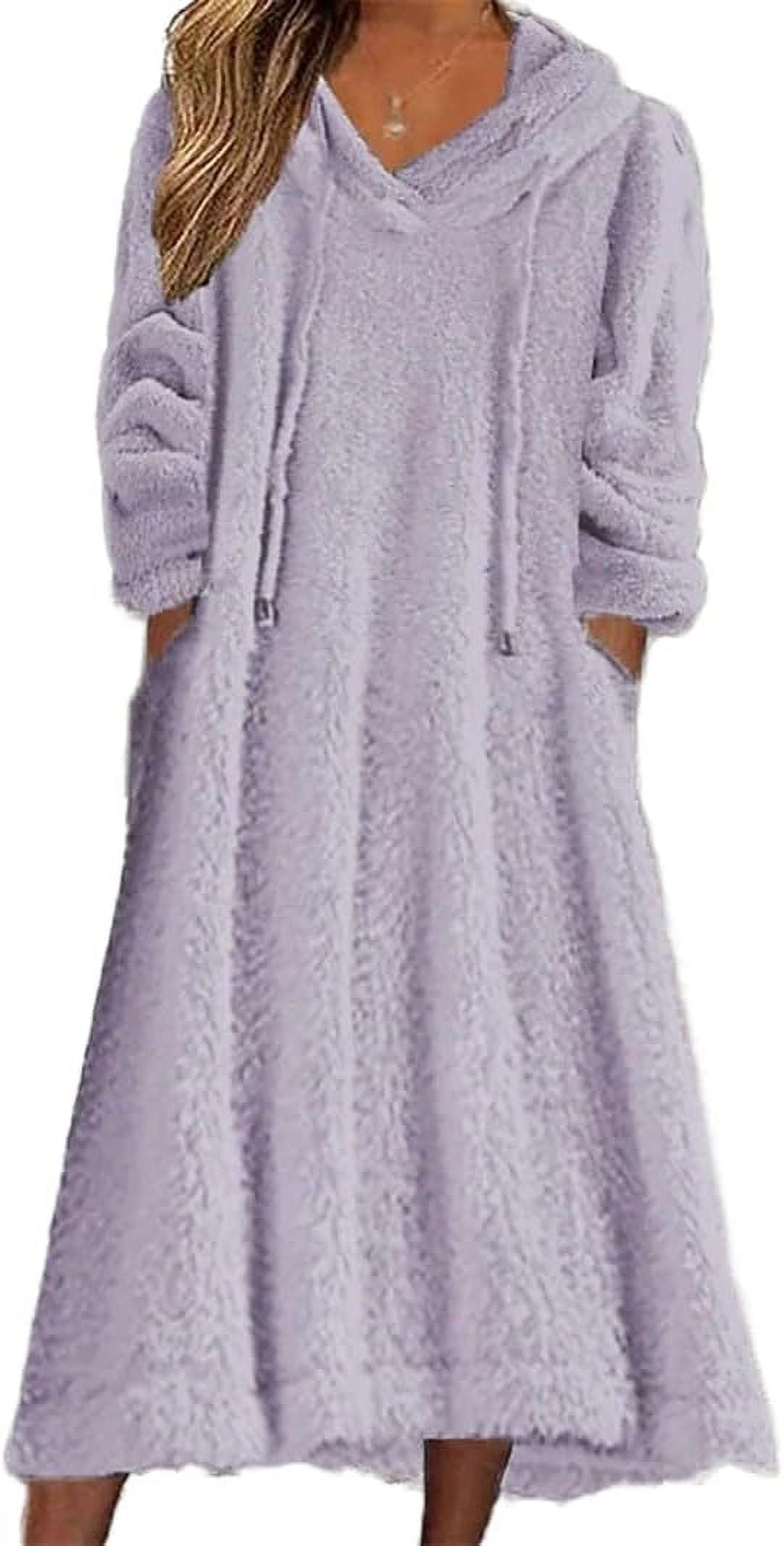 Womens Fall Winter Fuzzy Fleece Hooded Long Dress Plus Size Long Sleeve ...