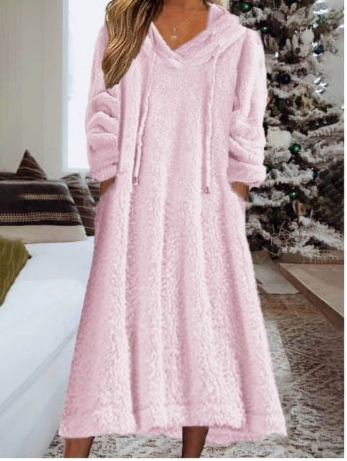 Womens Fall Winter Fuzzy Fleece Hooded Long Dress Plus Size Long Sleeve ...