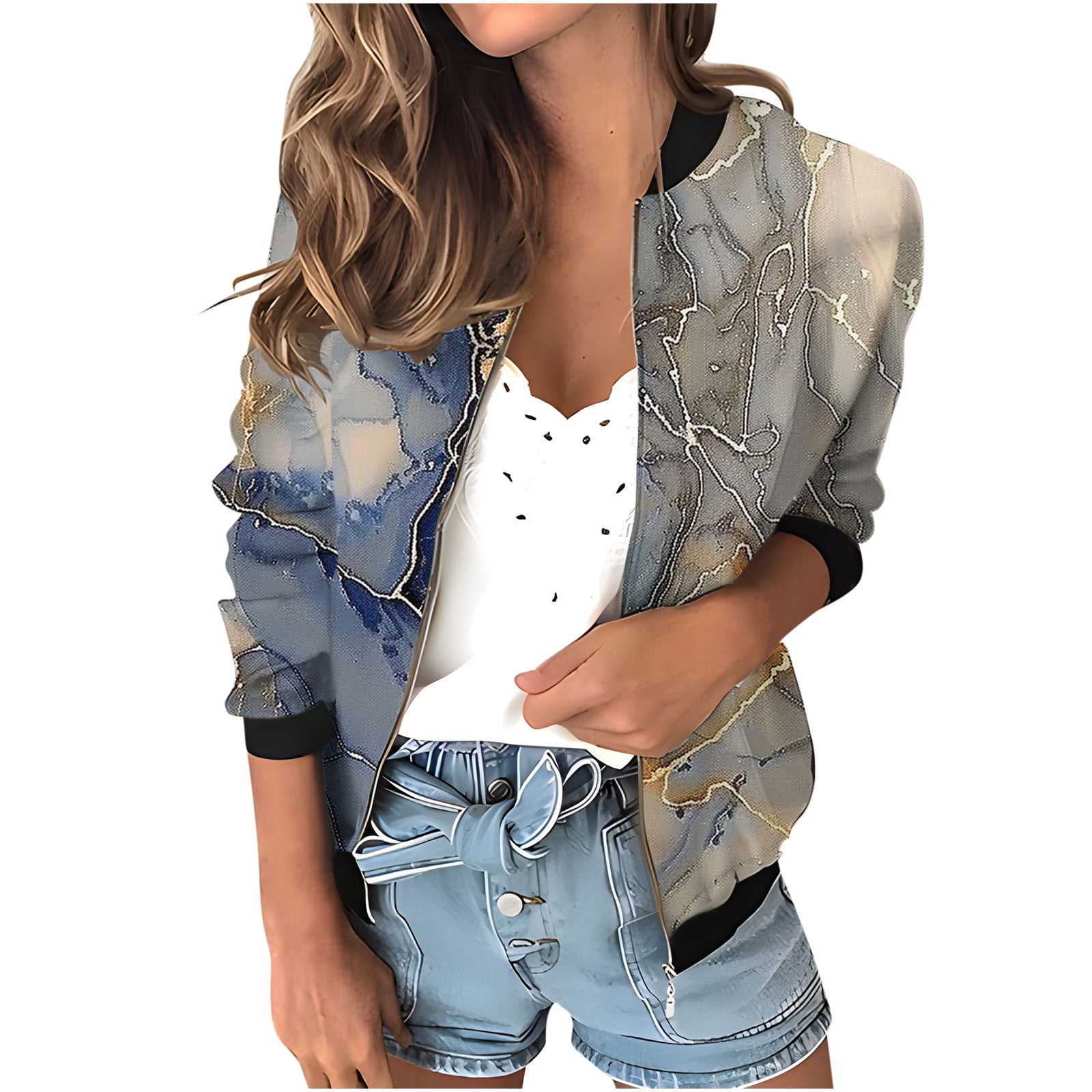 Womens Fashion Bomber Jacket Casual Floral Print Lightweight Jackets ...