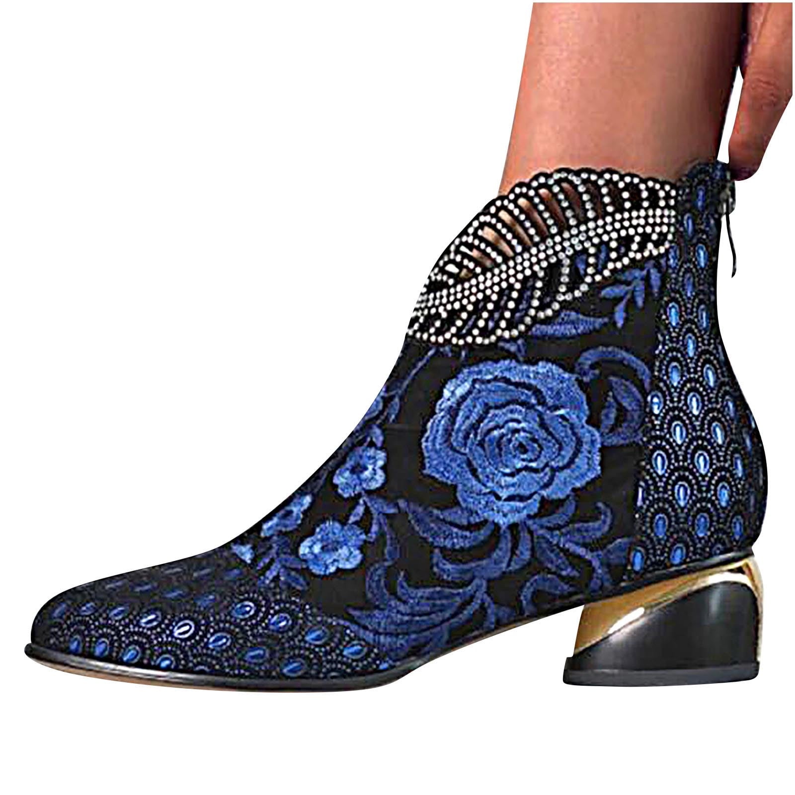 Womens Fashion Floral Embroidery Cowboy Boots Chunky Heel Almond Toe ...