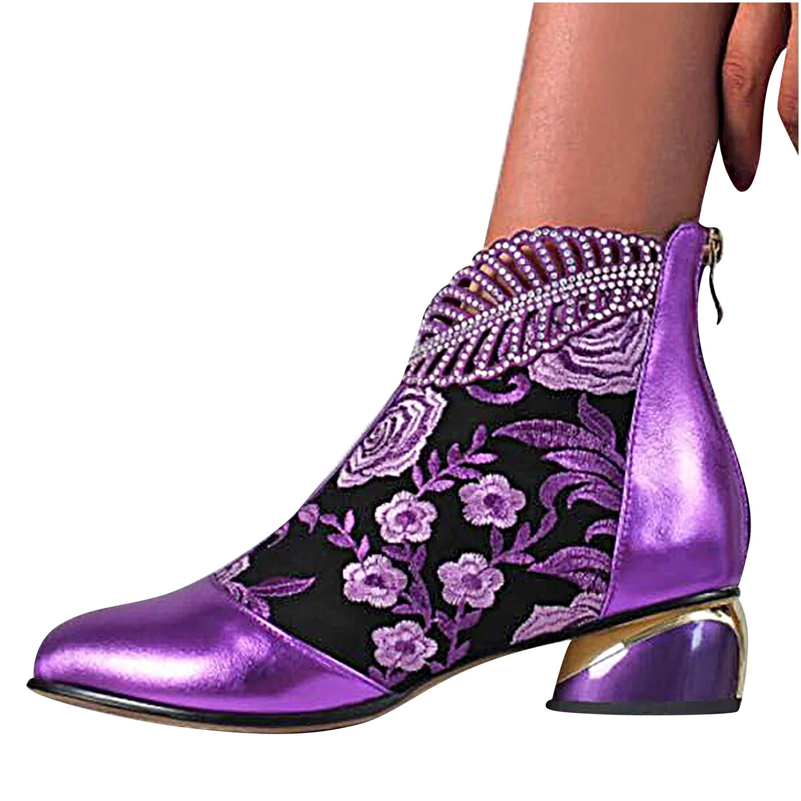 Womens Fashion Floral Embroidery Cowboy Boots Chunky Heel Almond Toe ...