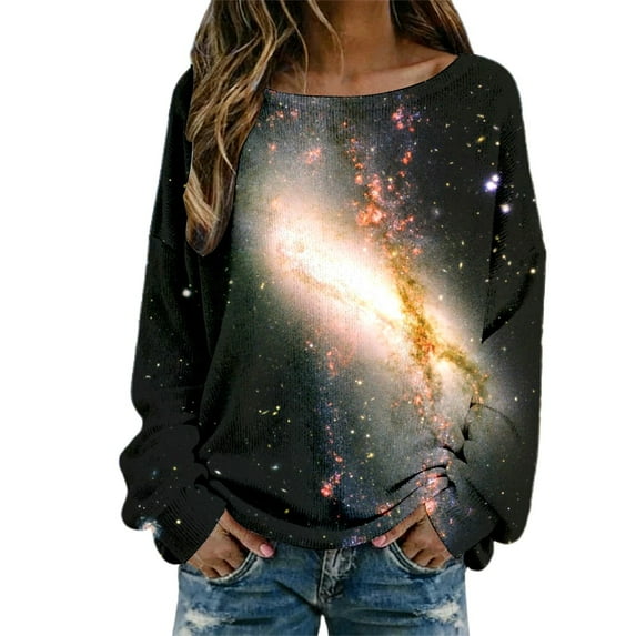 Womens Fashion Galaxy Starry Knitted Ribbed Long Sleeve T Shirt Elegant ...