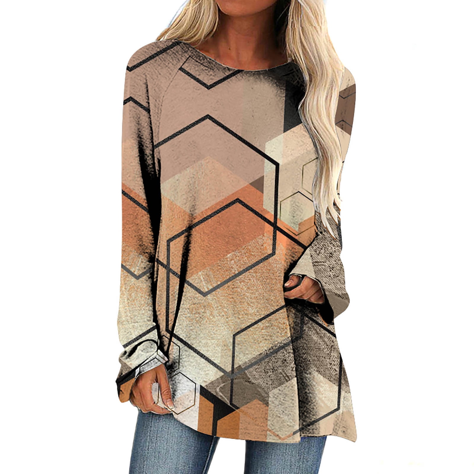 Womens Fashion Geometric Print Shirts Long Sleeve Crew Neck Casual ...