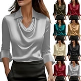 Womens Fashion Satin Blouse 3 4 Sleeve Cowl Neck Tee Casual Elegant ...