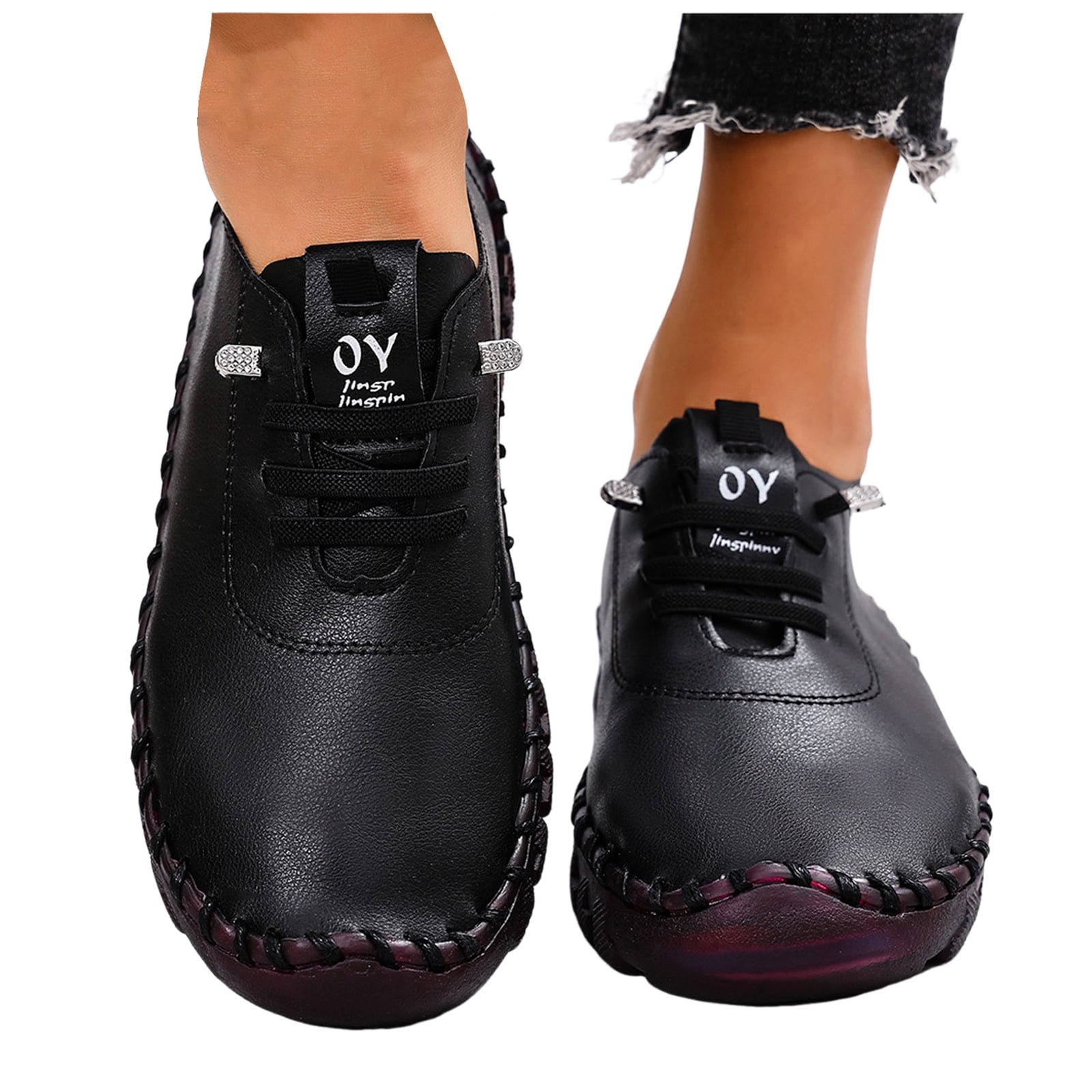 Womens Fashion Sneakers with Rubber Sole Casual Leather Lace up Walking ...