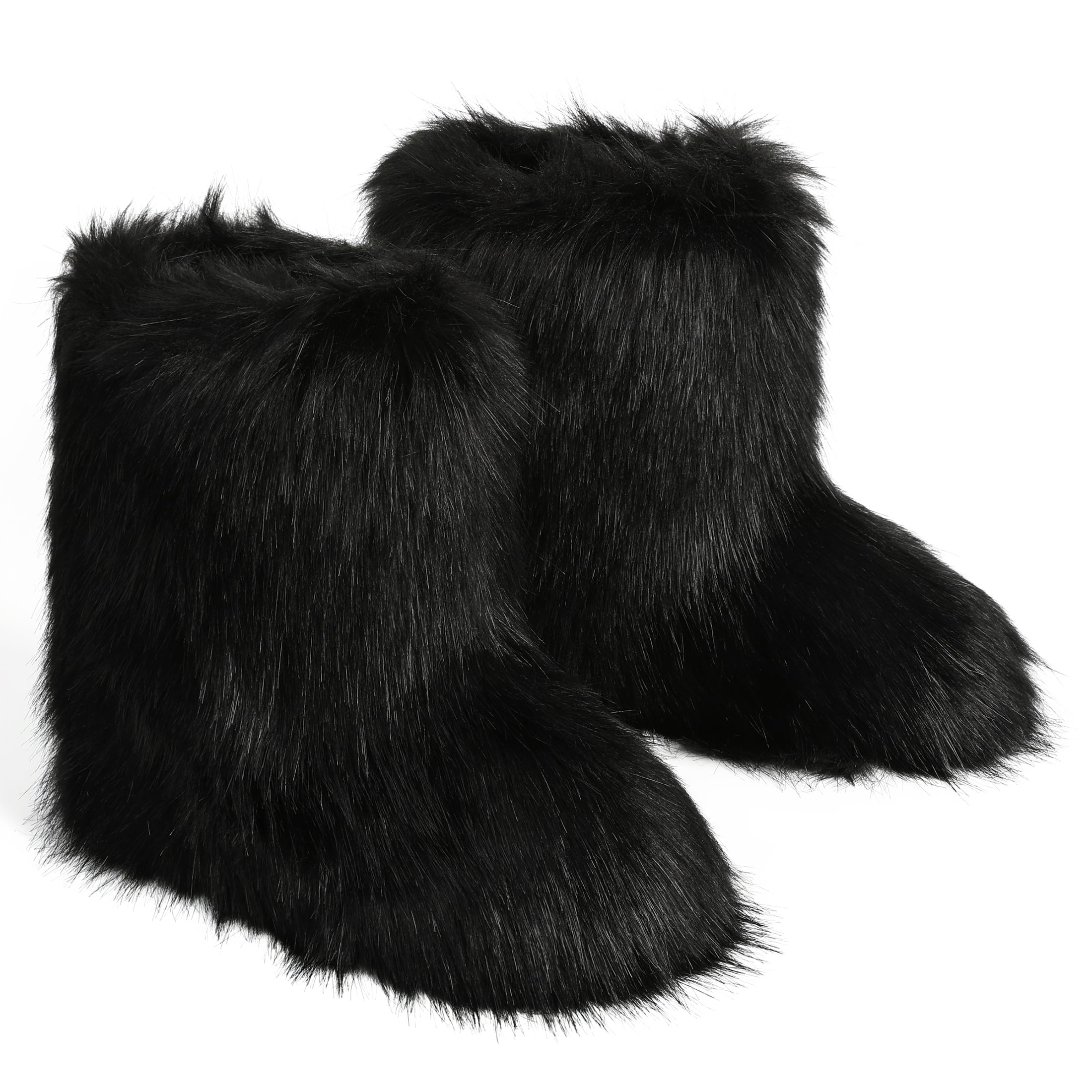 Womens Faux Fur Boots Winter Fuzzy Fluffy Warm Furry Round Toe Suede ...