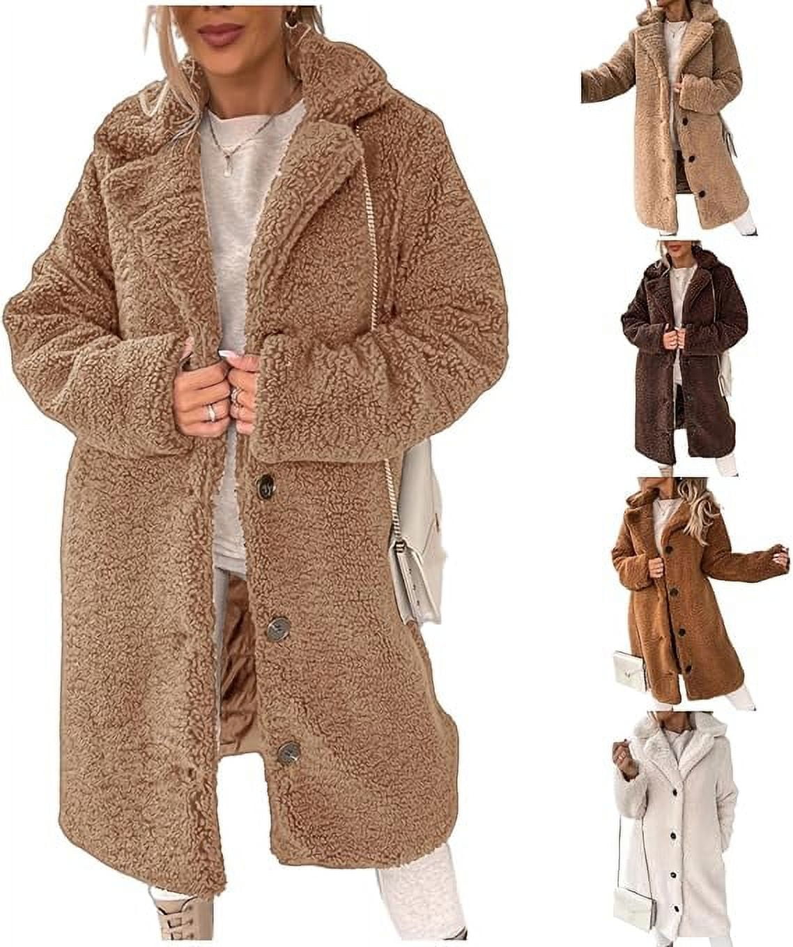 Womens Faux Coat Long Winter Coats for Women Sherpa Jacket Fuzzy Fleece Jackets Lapel Warm ...