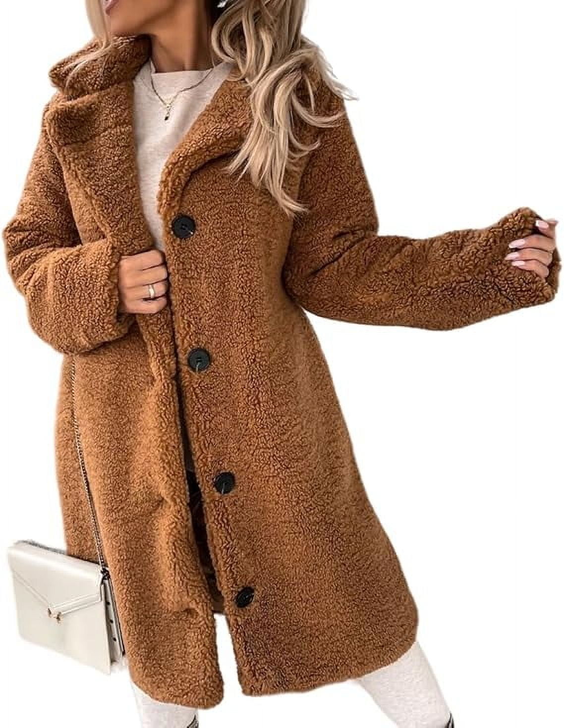 Womens Faux Coat Long Winter Coats for Women Sherpa Jacket Fuzzy Fleece Jackets Lapel Warm ...