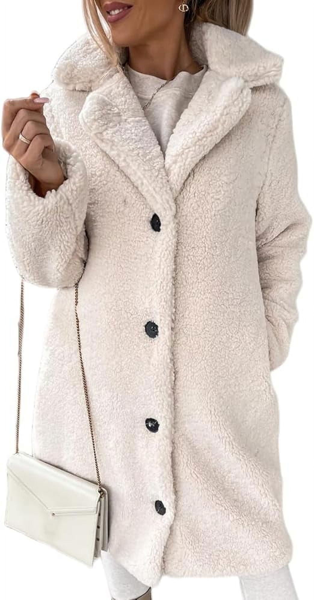 Womens Faux Coat Long Winter Coats for Women Sherpa Jacket Fuzzy Fleece Jackets Lapel Warm ...