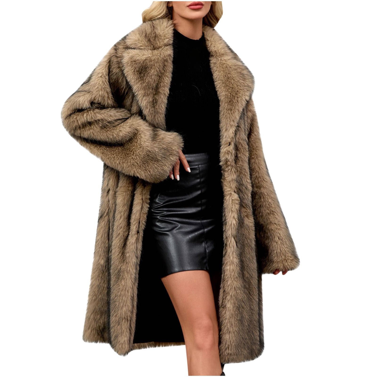 Womens Faux Fur Coats Warm Long Furry Jackets Long Sleeve Lapel Winter ...
