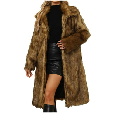 Womens Faux Fur Coat Solid Long Sleeve Notch Collar Soft Overcoat ...
