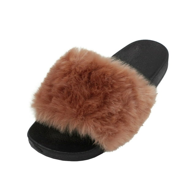 Womens Faux Fur Slides Slip on Fuzzy Sandal Slipper Shoes - Walmart.com
