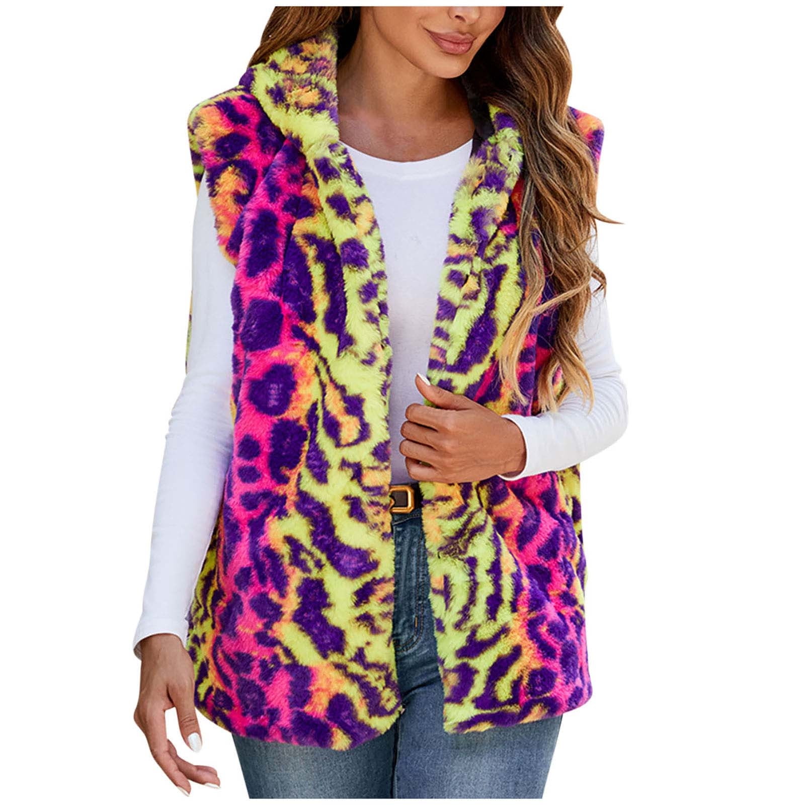Womens Faux Fur Vest Hooded Leopard Print Casual Loose Sleeveless ...