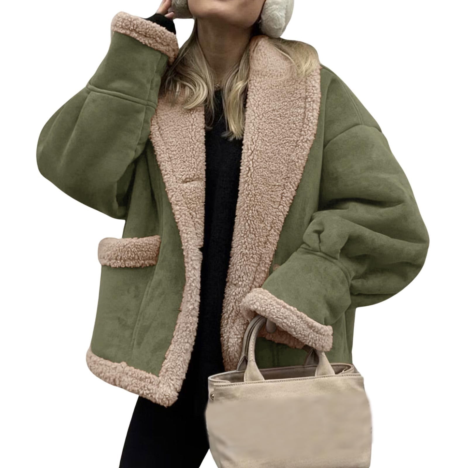 Womens Faux Suede Jacket Oversized Sherpa Lined Fuzzy Fleece Jacket ...