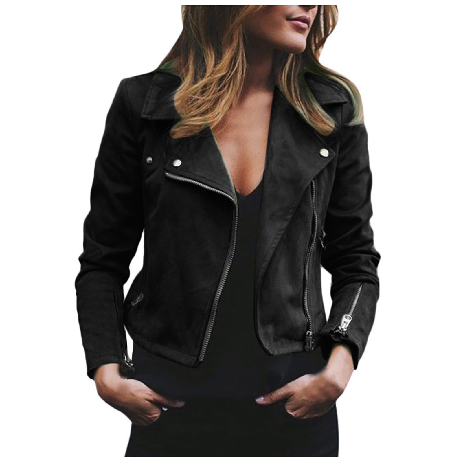 Womens Faux Suede Motorcycle Jacket Short Slim Coat Long Sleeve Zip Up Moto Biker Jackets Coat ...