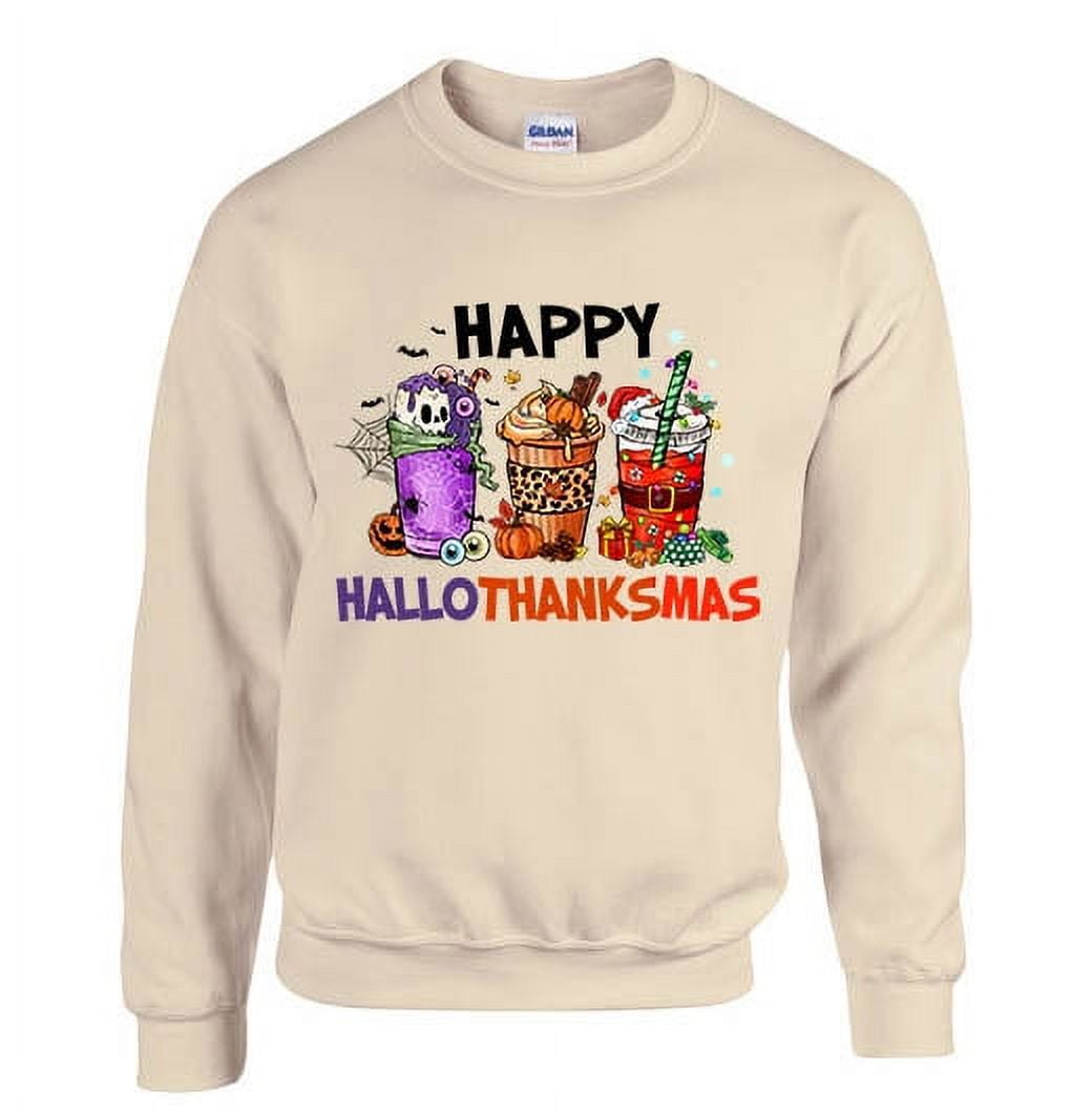 Womens Festive Holiday Sweatshirt Happy Hallowthankmas Funny Crewneck ...