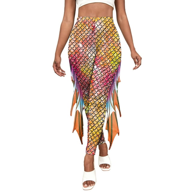 Womens Fish Scale 3D Printed Leggings Funny Sexy Mermaid Trousers ...