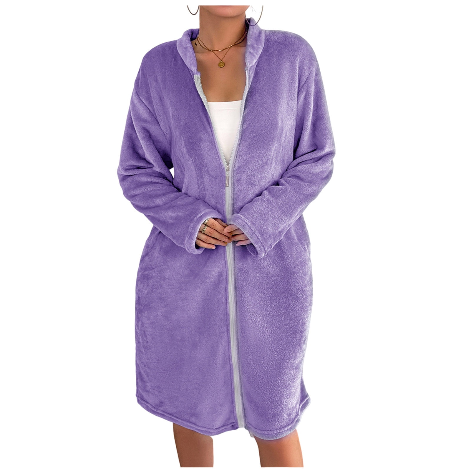 Womens Flannel Fleece Jacket Bathrobe Full Zip Soft Warm Bath Robe Long ...