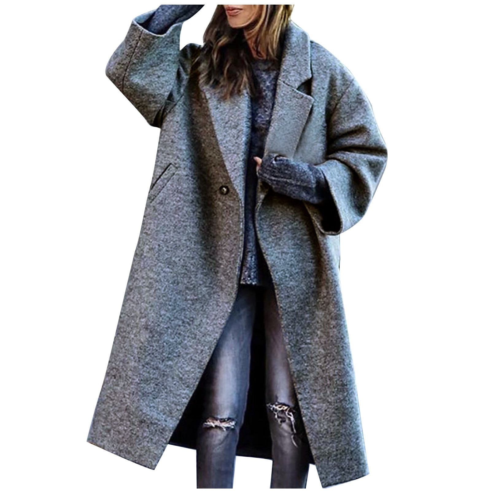 Womens Flannel Peacoat Fall Winter Plus Size Button Lapel Collar Single ...
